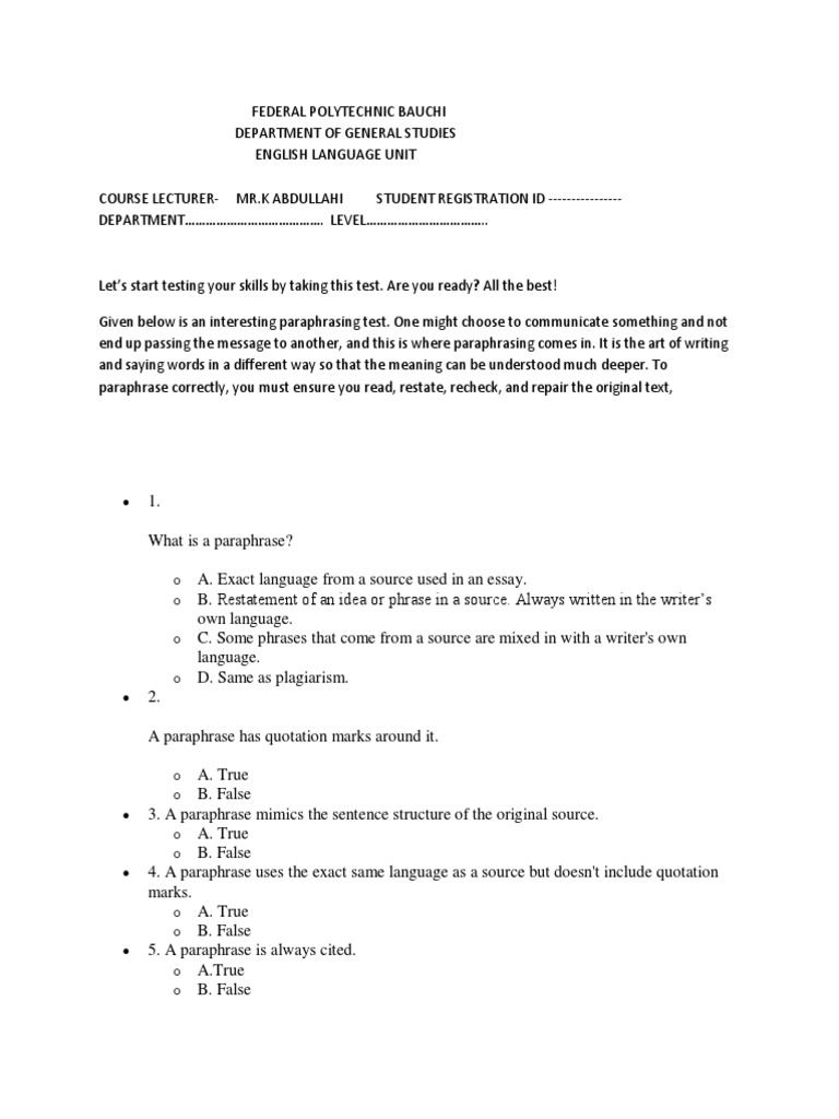 Paraphrase Quiz 1 PDF | PDF | Communication | Human Communication