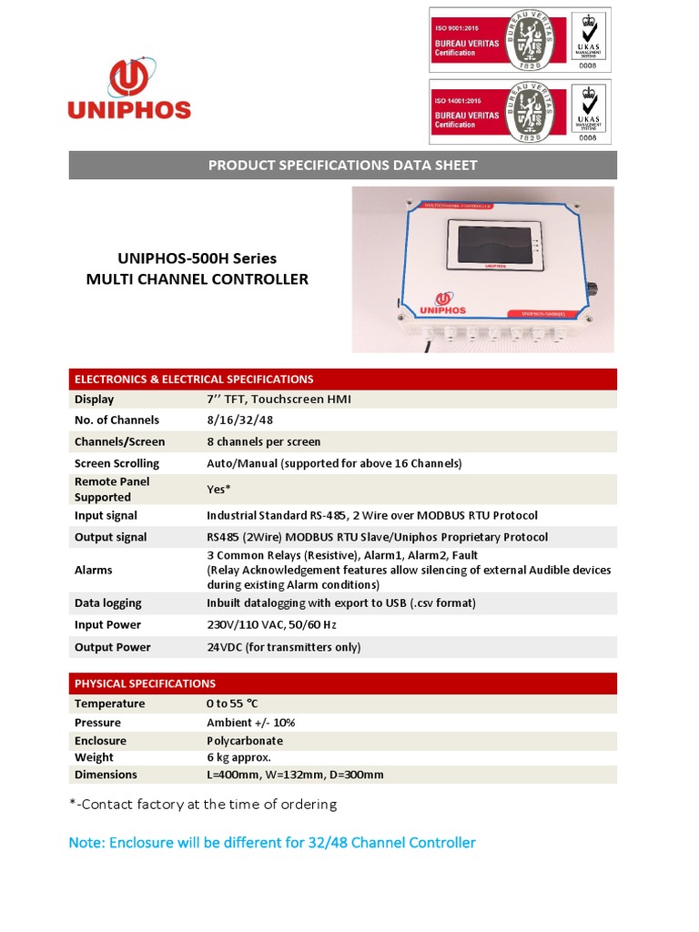 Uniphos-500H Multi Channel Controller Specs | PDF | Technology & Engineering