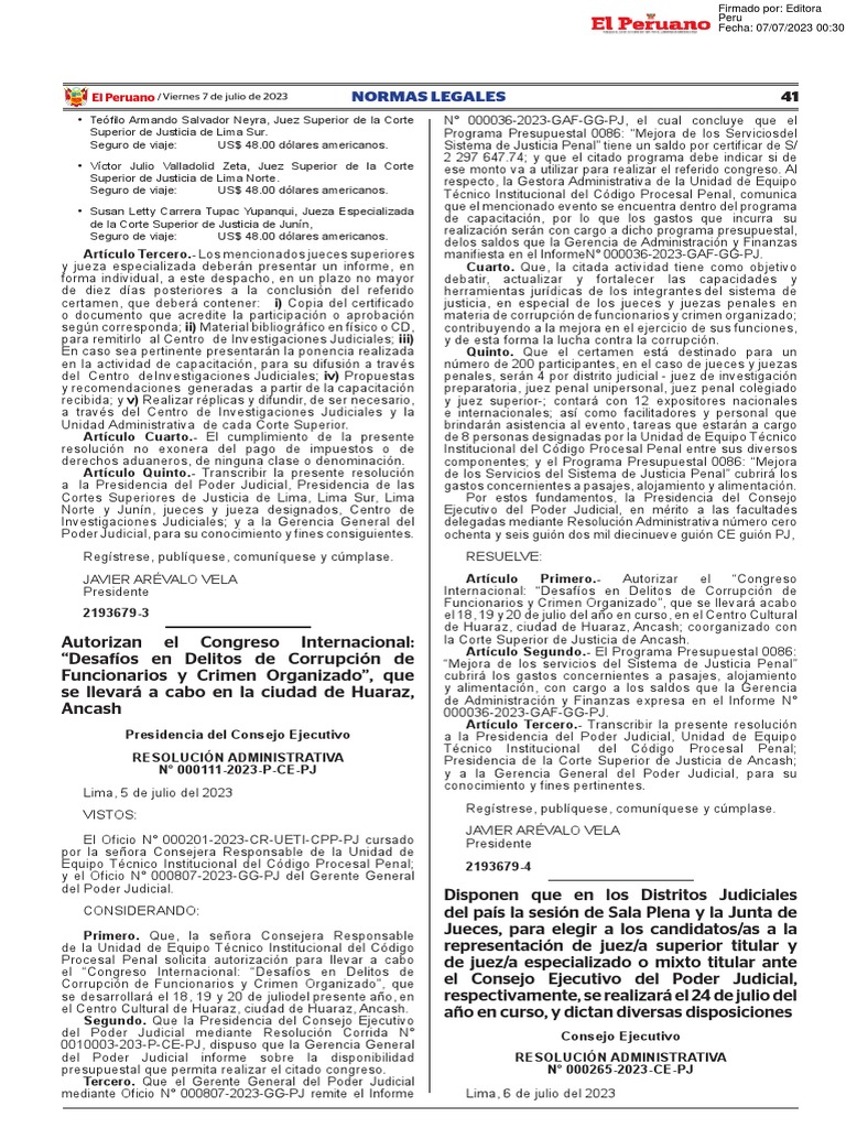 Disponen Que en Los Distritos Judiciales Del Pais La Sesion Resolucion Administrativa No 000265 ...