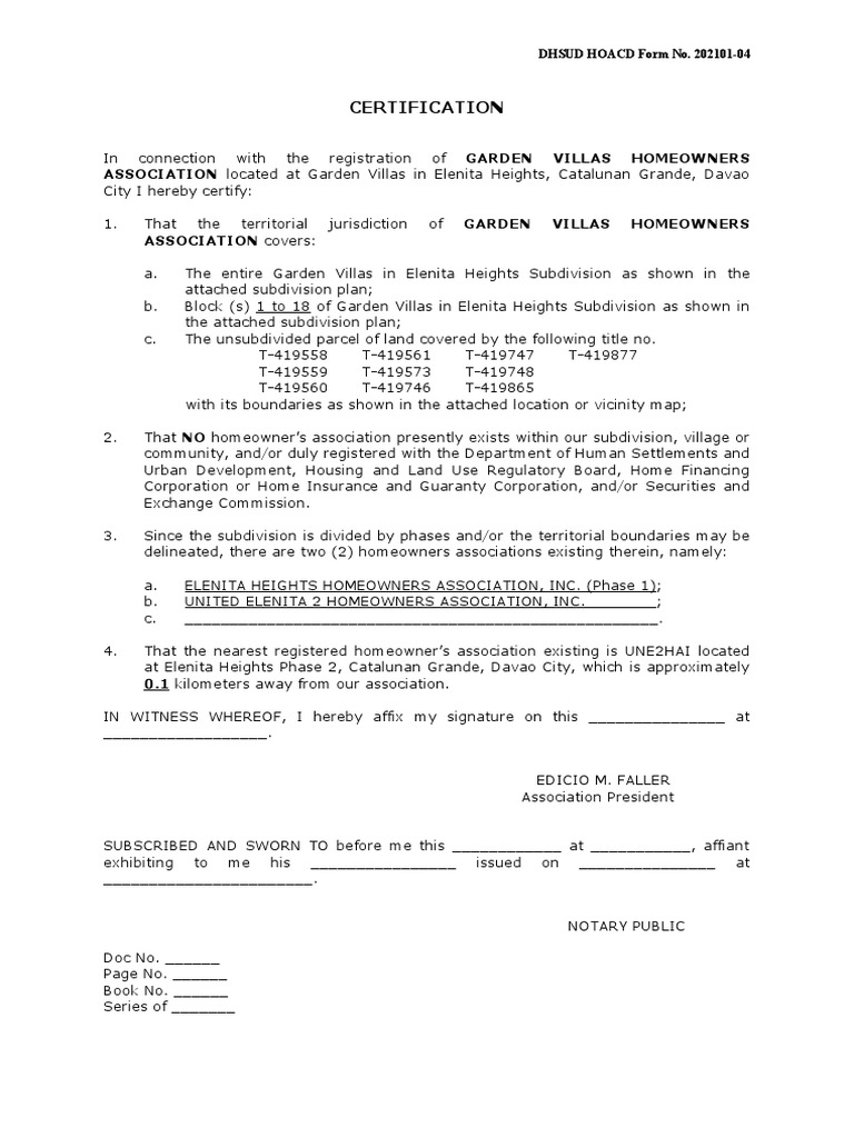 6 - Certification As To Existing HOA - GVHOA | PDF