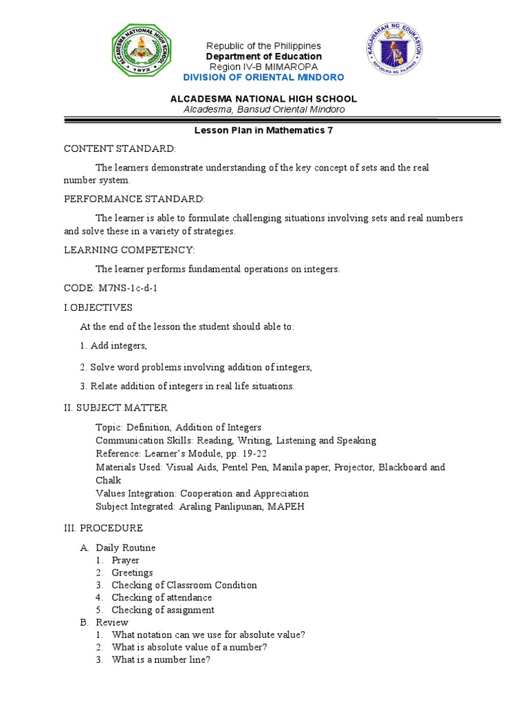 Addition of Integers | PDF | Learning | Lesson Plan