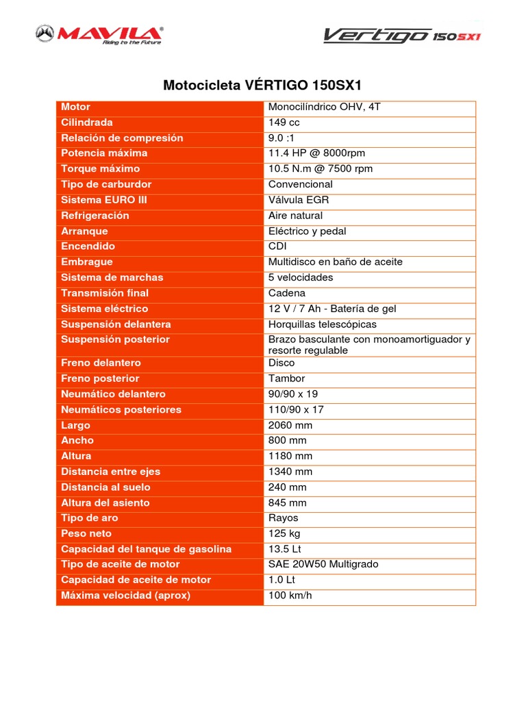 Ficha Tecnica Vertigo 150 SX1 v2 | PDF
