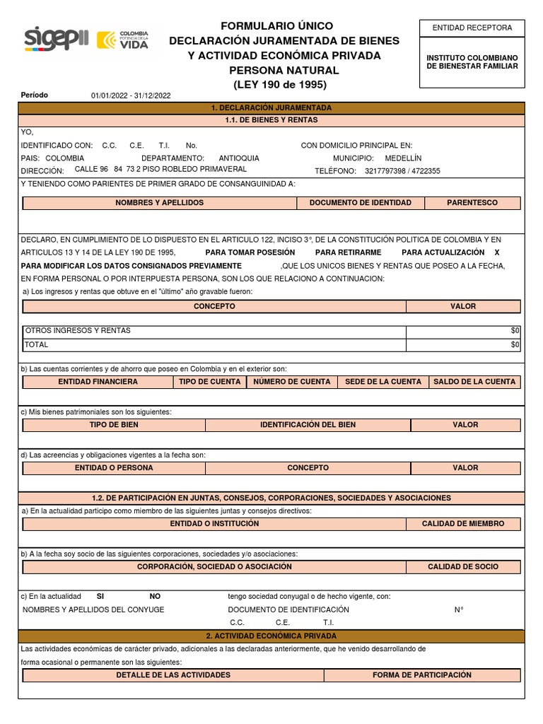 Formulario Único Declaración Juramentada de Bienes Y Actividad ...