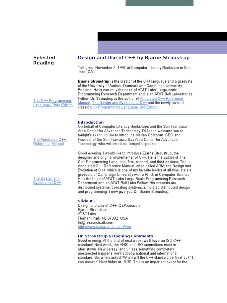 Selected Reading: Design and Use of C++ by Bjarne Stroustrup | PDF ...