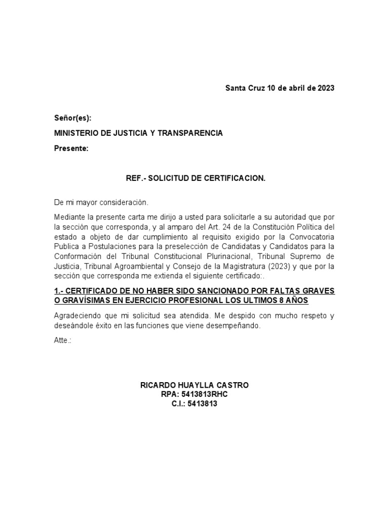 Carta de Solicitud de Certificados | PDF