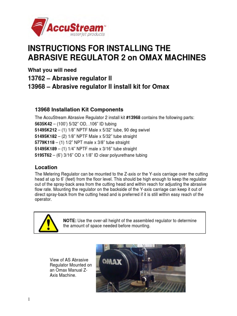 AccuStream 13968 Abrasive Regulator Install Kit For OMAX | PDF | Screw ...