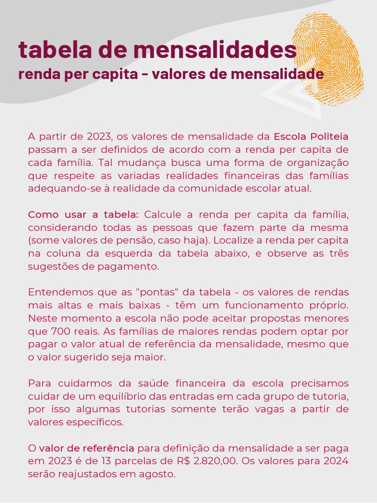 Tabela de Mensalidades | PDF