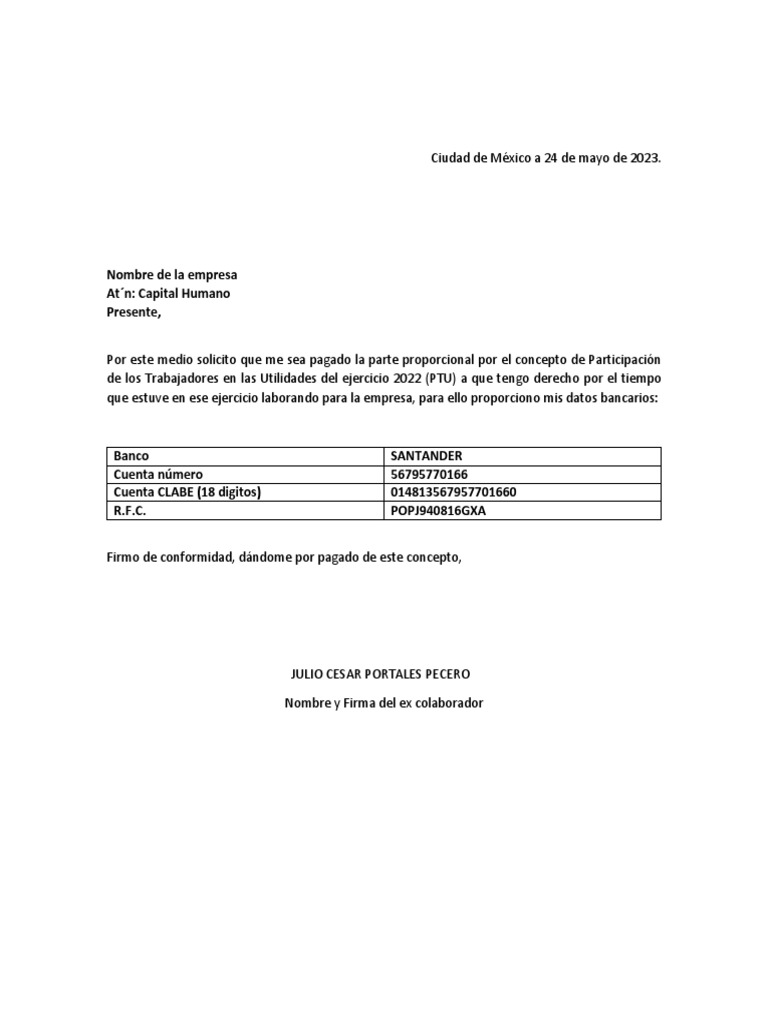 Formato para Pago de PTU 2022 - Ex - Colaborador | PDF