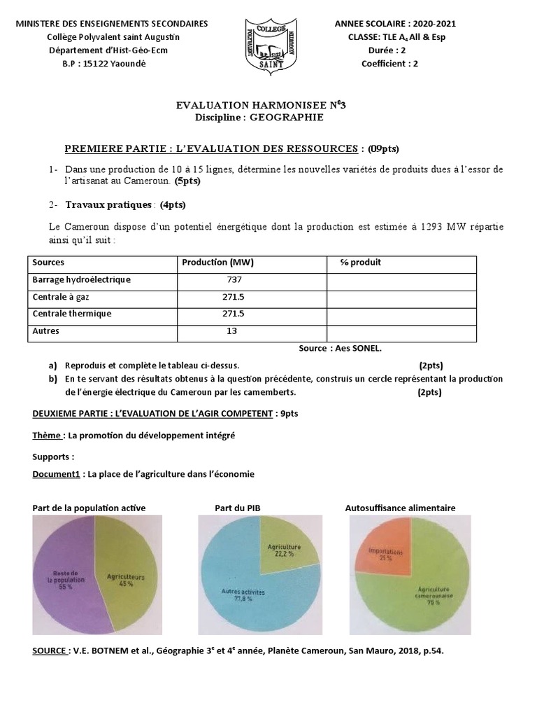 Eval Harmo N°3 Geo Tle A4 | PDF | Cameroun | Plantation