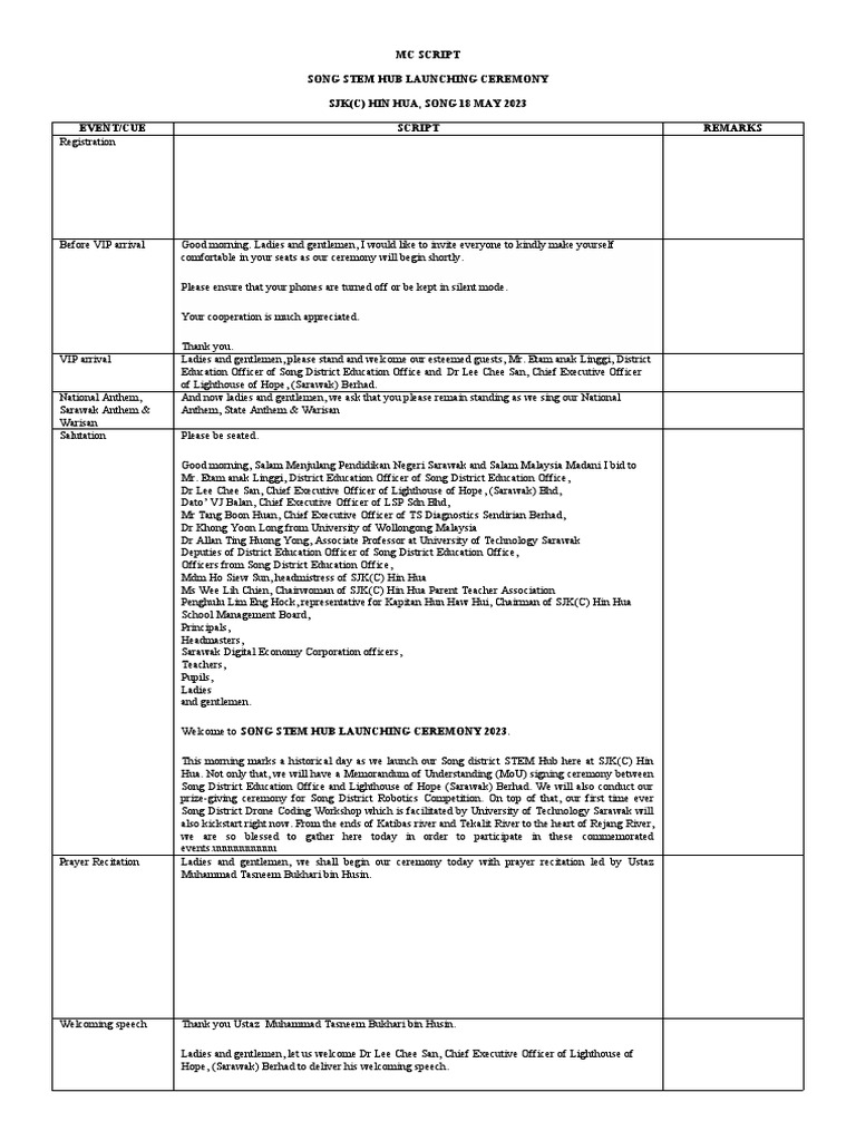 SJKC Hin Hua STEM Hub Launching Ceremony MC Script | PDF | Science, Technology, Engineering, And ...