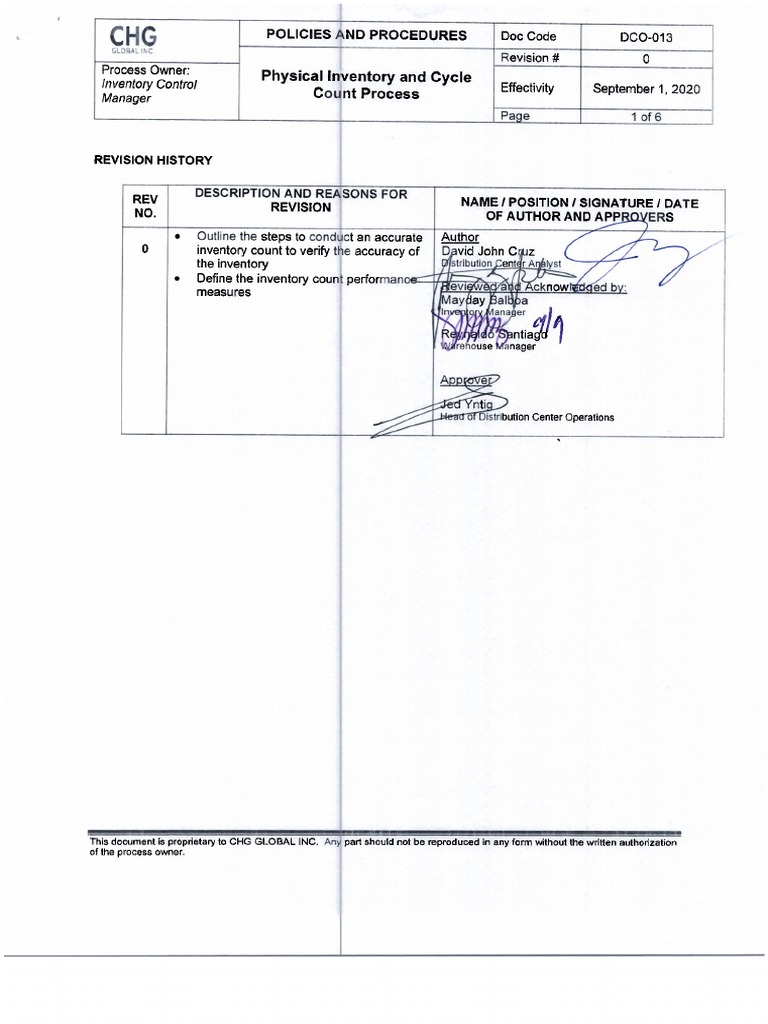 DCO-SOP-013 Physical Inventory and Cycle Count Process Rev0 | PDF