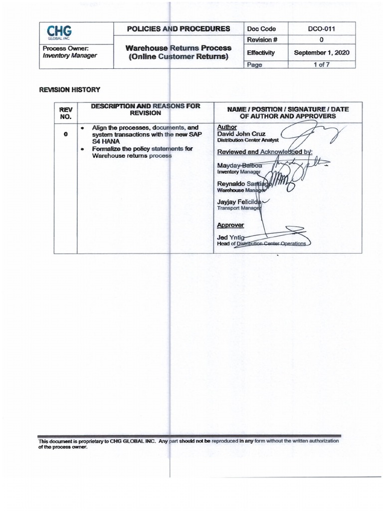 DCO-SOP-011 Warehouse Returns Process (Online Customer Returns) Rev0 | PDF