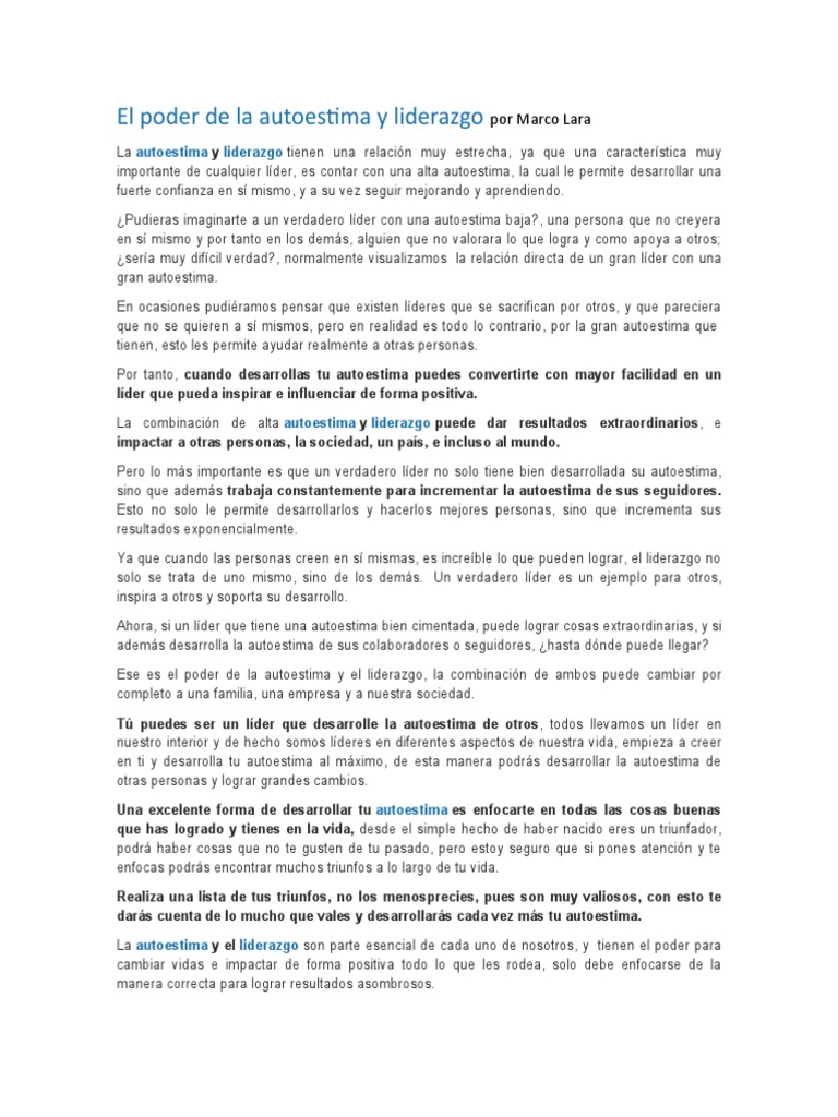 El Poder de La Autoestima y Liderazgo Por Marco Lara | PDF | Autoestima ...