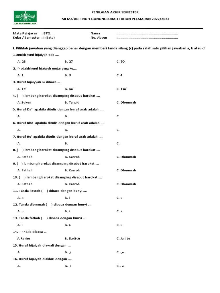 PAS BTQ Kelas 1 | PDF