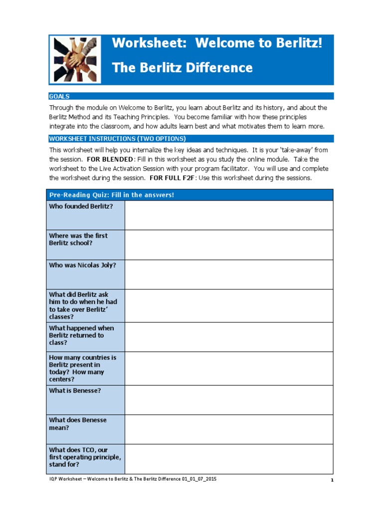 01 WelcomeToBerlitzWorksheet 01-01-07 2015 Interactive | PDF | Learning ...