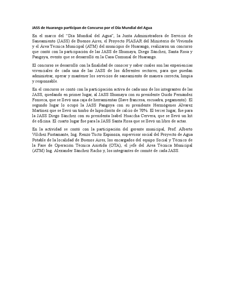 JASS de Huarango Participan de Concurso Por El Día Mundial Del Agua | PDF
