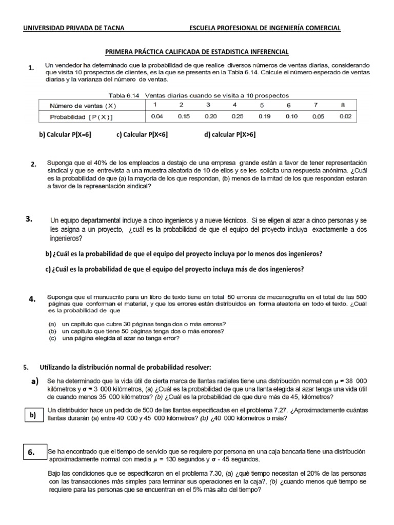 Primera Práctica Calificada de Estadistica Inferencial Abril 2019 | PDF