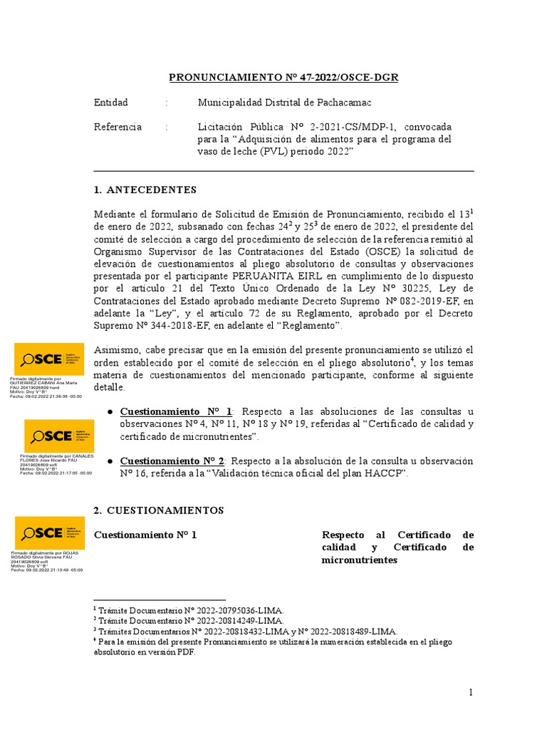 Pronunciamiento #47-2022-Osce-Dgr PDF | PDF | Alimentos | Nutrición