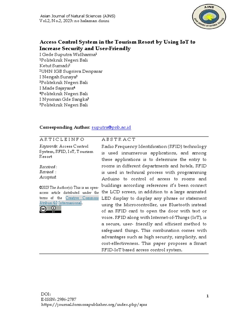 AJSN Access Control System To Tourism Resort RFID IoT Suputra Cs 2023 | PDF | Access Control ...