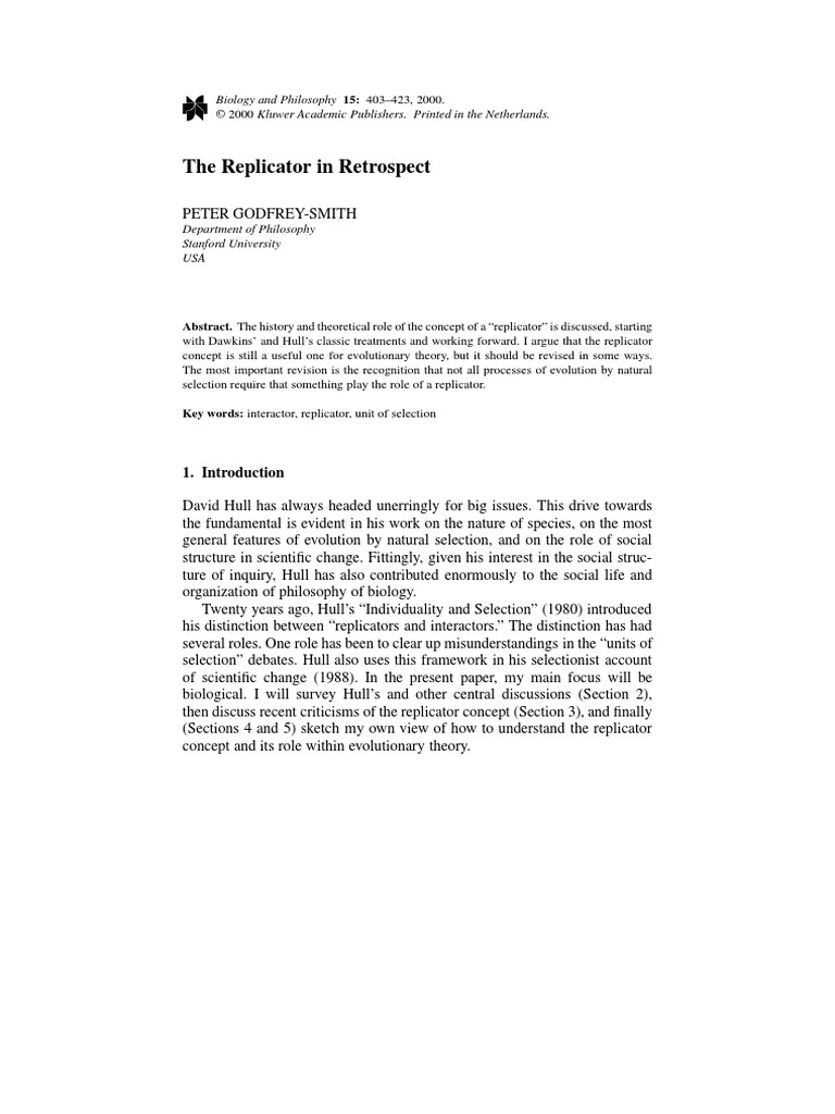 Peter Godfrey-Smith - The Replicator in Retrospect | PDF | Natural ...