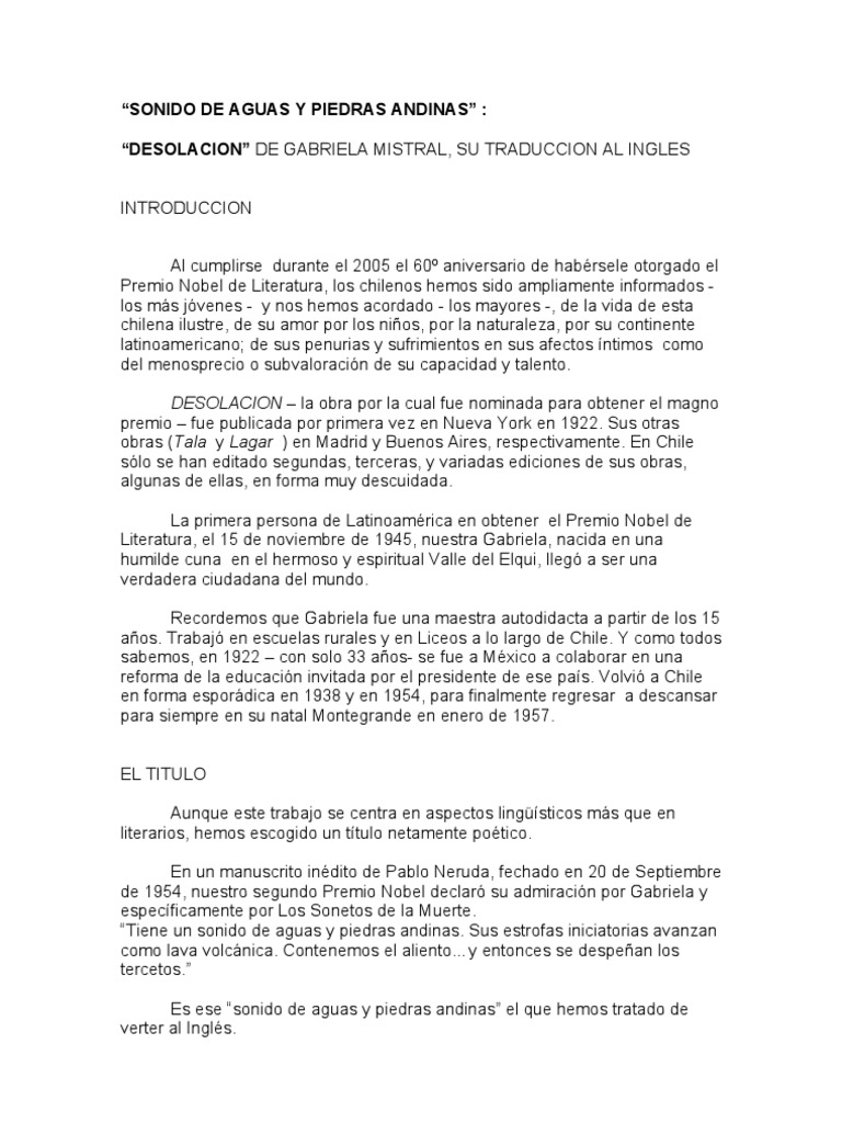 Desolacion de Gabriela Mistral Liliana Baltra | PDF | Traducciones | Poesía