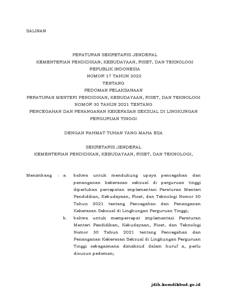 Persesjen 17 Tahun 2022 Tentang Pedomanan Pelaksanaan Pencegahan Dan Penanganan Kekerasan ...