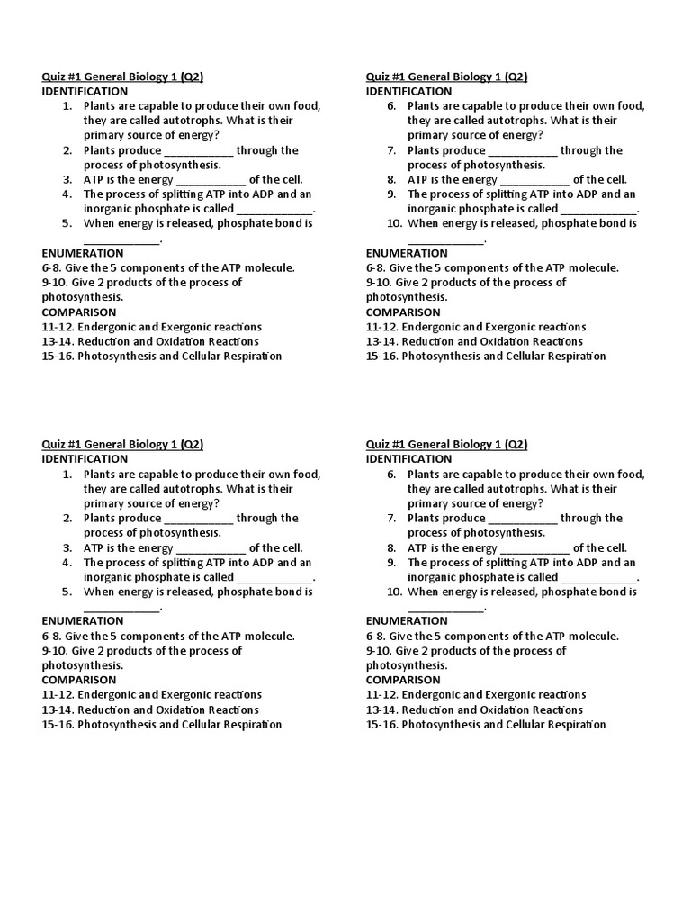 QUiz 1 Quarter 2 ATP ADP Cycle | PDF | Adenosine Diphosphate | Cellular ...