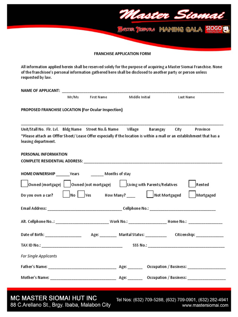 Master Siomai Franchise Application Form | PDF | Franchising | Government