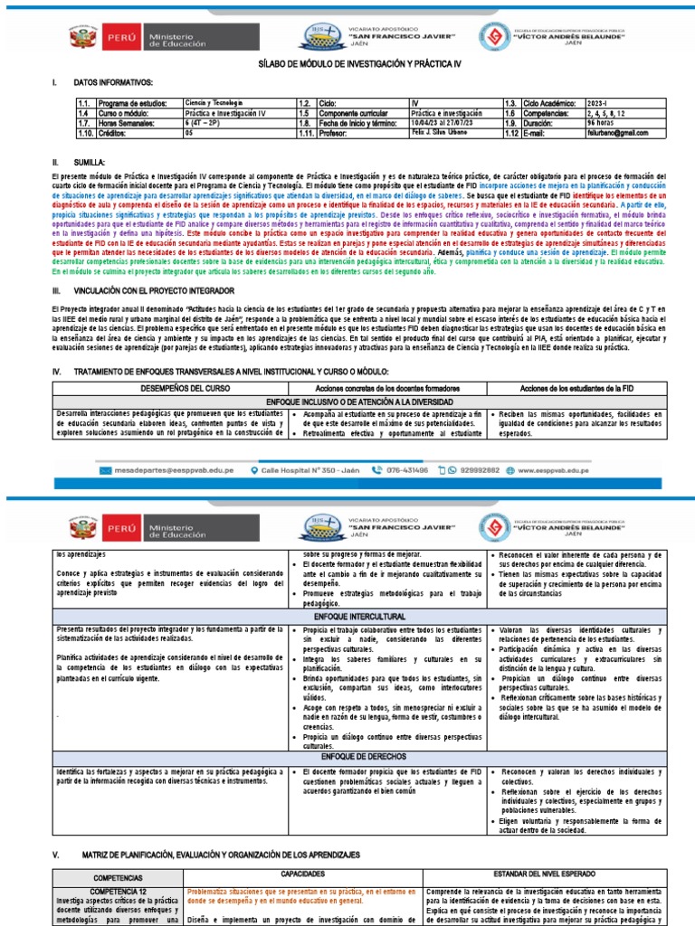 Sílabo Módulo de Investigación y Práctica IV 2023-I | PDF | Evaluación | Aprendizaje