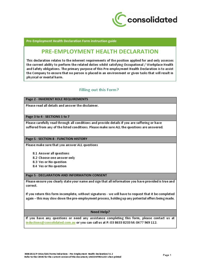 Pre-Employment Health Declaration Form | PDF | Occupational Safety And Health | Medical Specialties