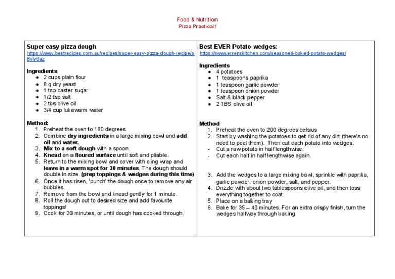 Pizza: Recipe Sheet | PDF | Teaspoon | Dough