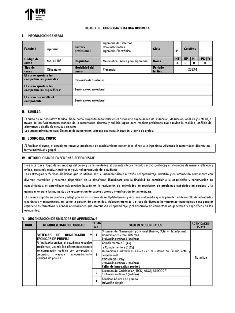 Upn - Silabo de Matematica Discreta | PDF | Teoría de grafos | Aprendizaje