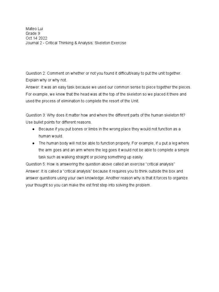 Journal 2 - Critical Thinking & Analysis - Skeleton Exercise | PDF Journal 2 - Critical Thinking & Analysis - Skeleton Exercise | PDF