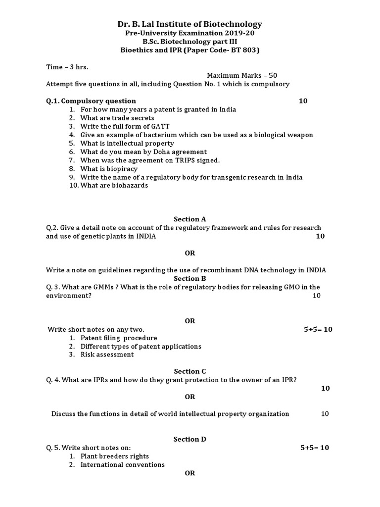 Bioethics and IPR Question Paper | PDF | Intellectual Property | Patent