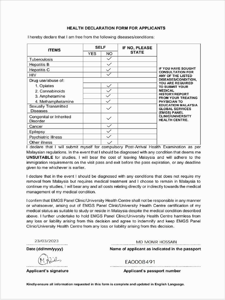 Health Declaration Form For Applicant | PDF