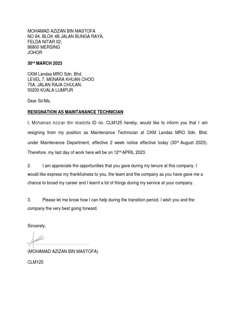 Resignation - Letter-Mohamad Azizan Mastofa-1 | PDF | Career & Growth | Business