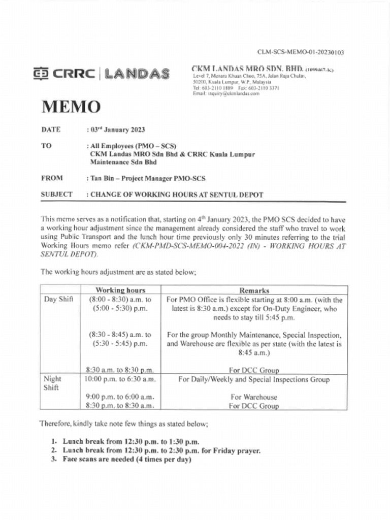 Clm-Scs-Memo-01-20230103-Change of Working Hour at Sentul Depot | PDF