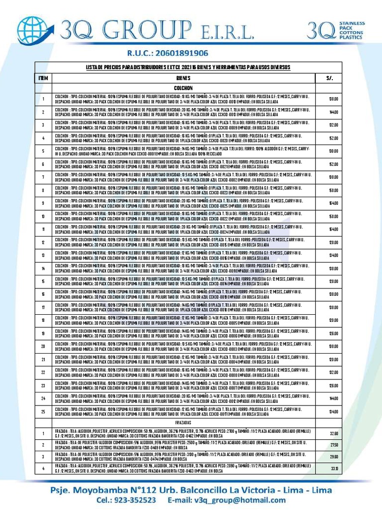 Lista General 3Q EXT.. (0612) | PDF | Colchón | Poliuretano