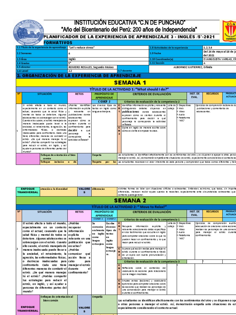 Planificación De Experiencia De Aprendizaje 3 5º De Secundaria Pdf