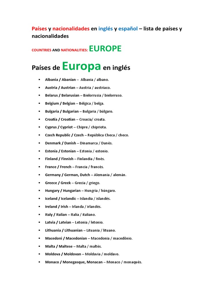 Países y Nacionalidades en Inglés y Español | PDF