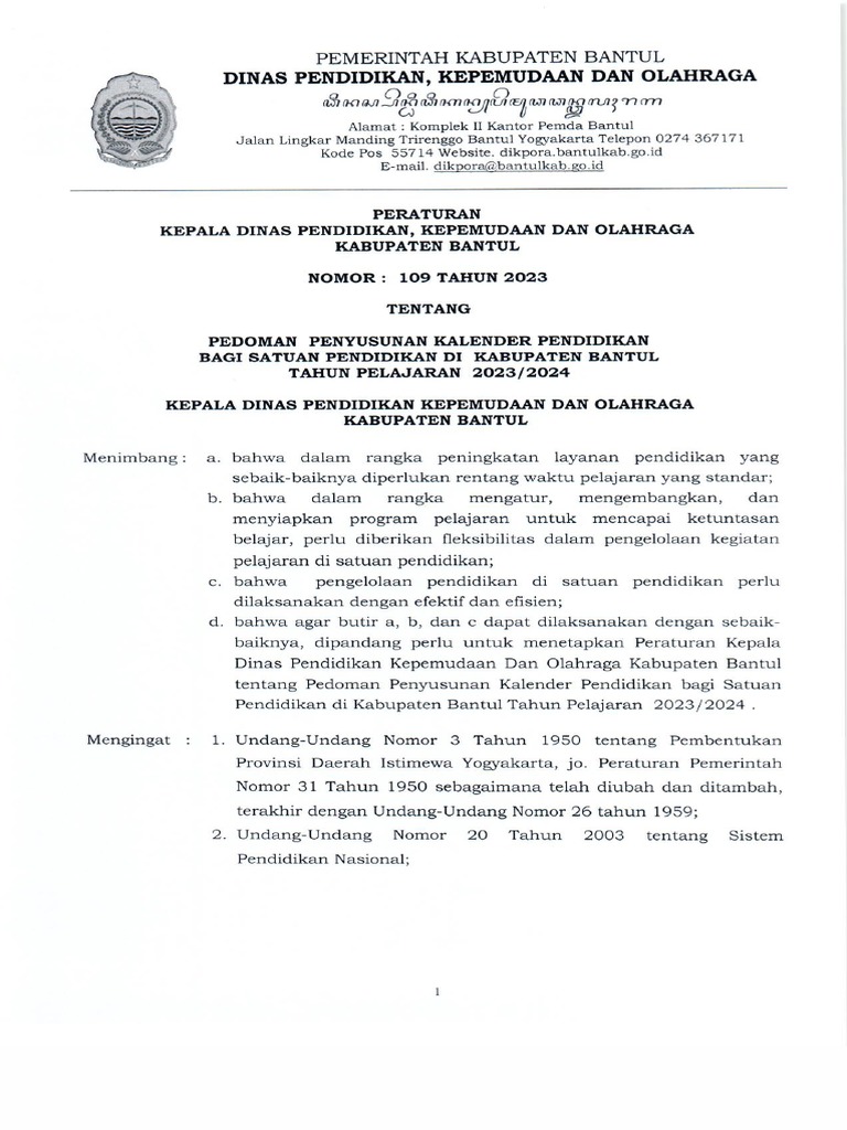 Kalender Pendidikan 2023/2024 Bantul | PDF