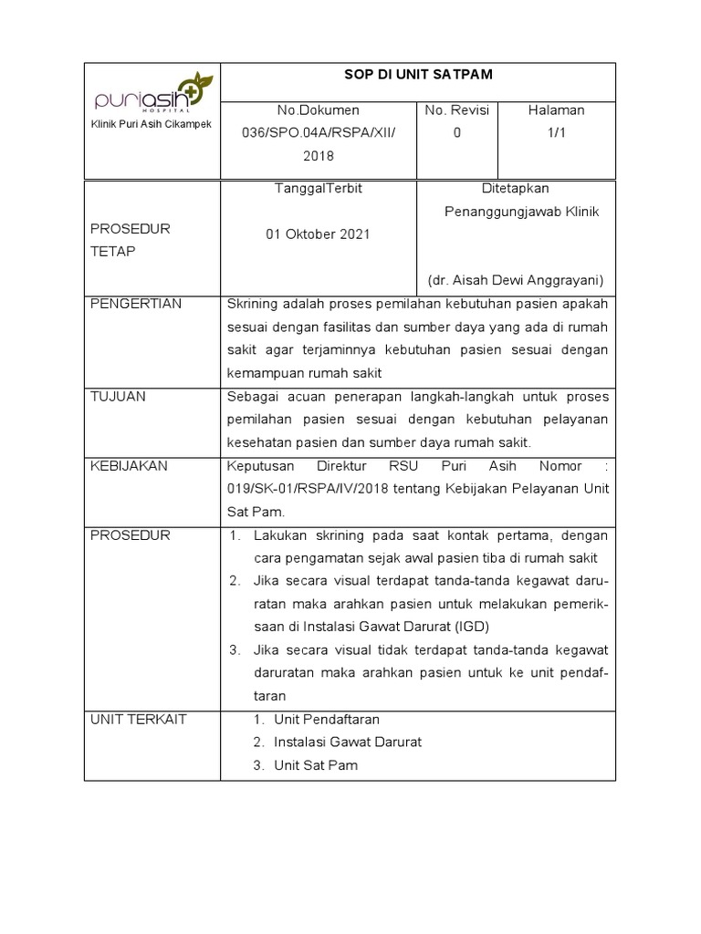 15 Sop Skrining Pasien Di Unit Satpam | PDF