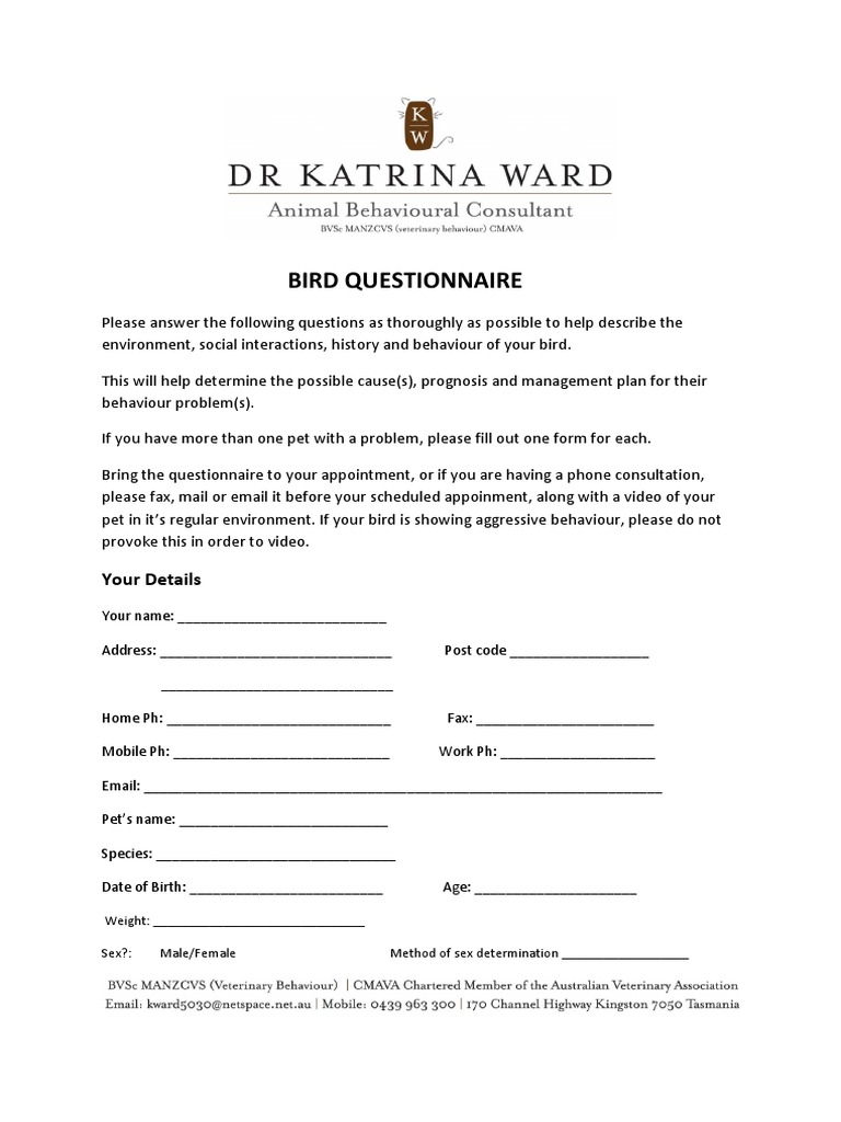 60137545ba57703a65db3d20 Questionnaire-Bird | PDF | Birds | Behavior