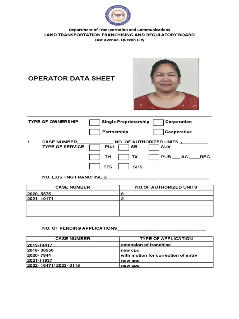 LTFRB Operator Data Sheet Template | PDF | Common Law | Government