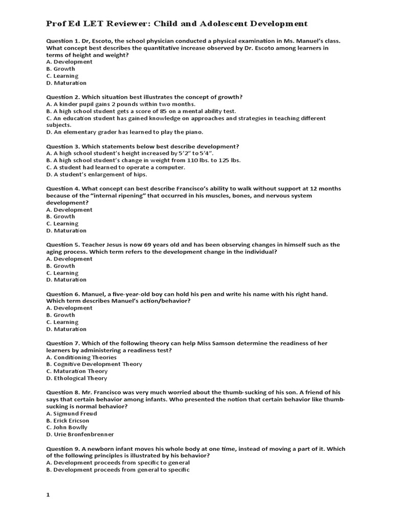 LET Reviewer: Child & Adolescent Dev | PDF | Developmental Psychology ...