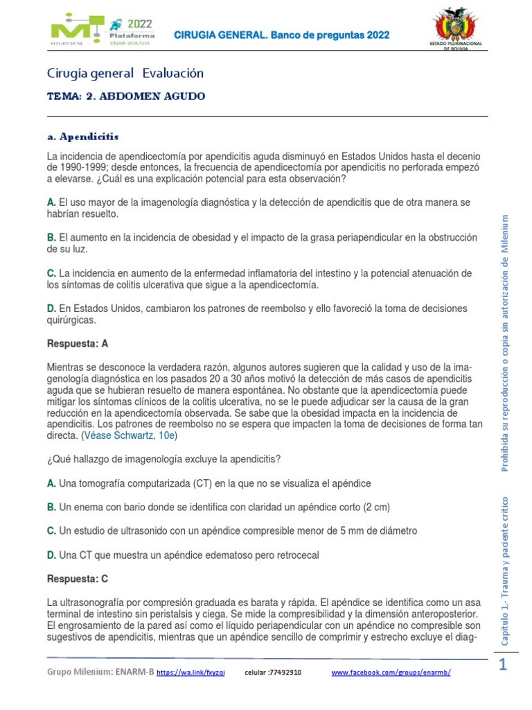 TEMA 2 Abdomen Agudo Banco de Preguntas | PDF | Bilis | Especialidades ... TEMA 2 Abdomen Agudo Banco de Preguntas | PDF | Bilis | Especialidades ...