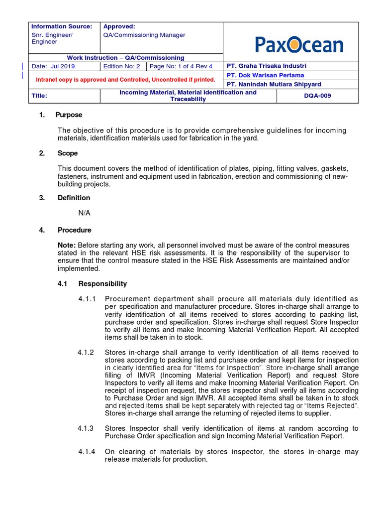 Incoming Material, Material Identification and Traceability | PDF