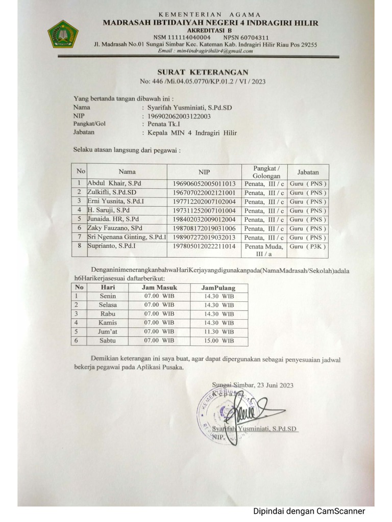 Surat Keterangan Jam Kerja | PDF