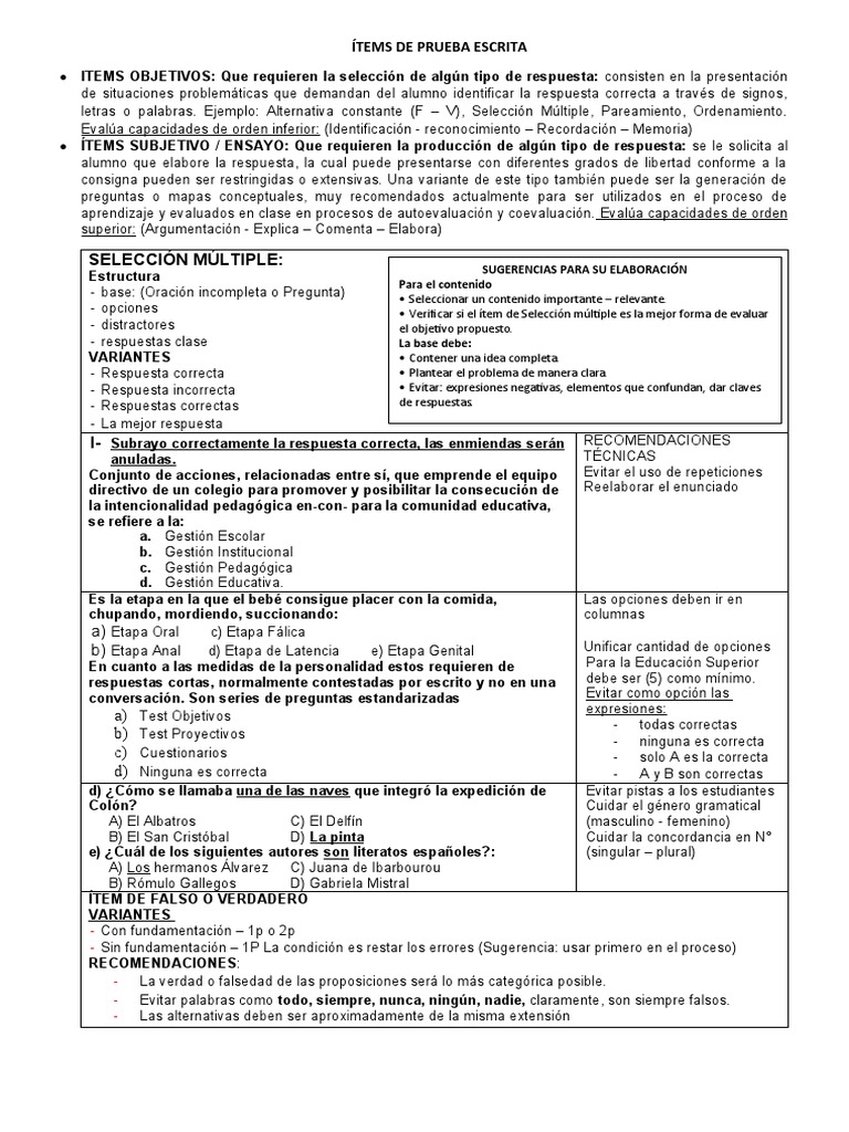 Ítems de Prueba Escrita en Educacion Superior | PDF