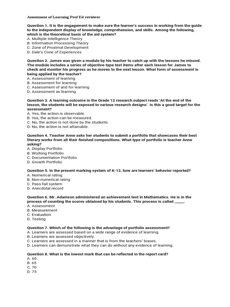 Assessment of Learning Prof Ed Reviewer | PDF | Educational Assessment ...
